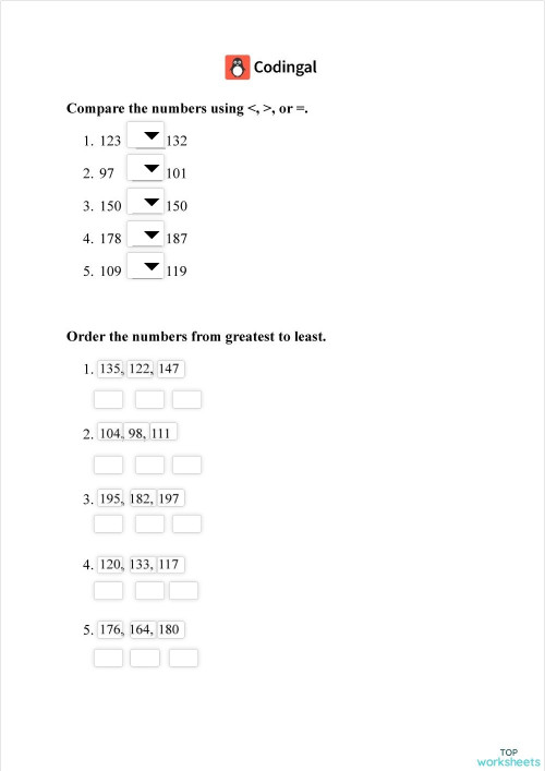 M_G02M01L04_WA01 Comparing and ordering numbers. Interactive worksheet | TopWorksheets