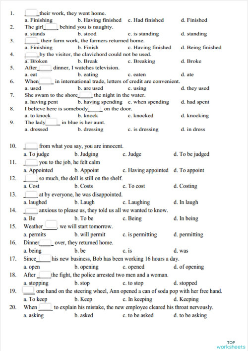 PARTICIPLE PHRASES 01. Interactive worksheet | TopWorksheets