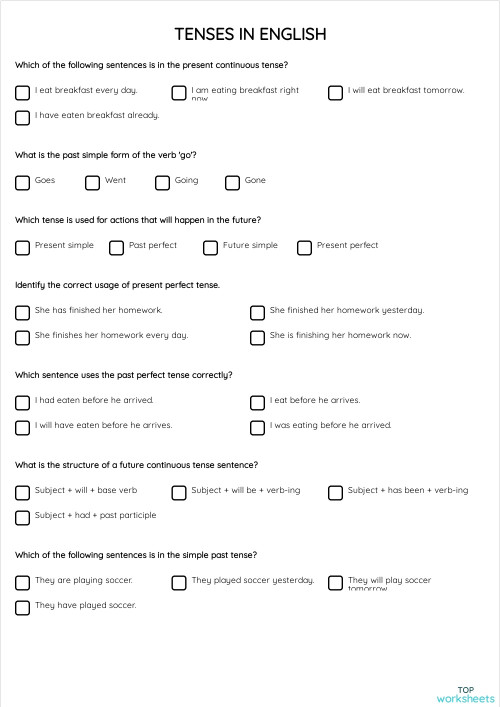 TENSES IN ENGLISH. Interactive worksheet | TopWorksheets