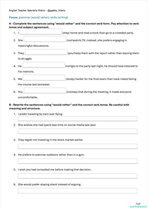 Grammar - Would rather, 'd rather. Interactive worksheet | TopWorksheets