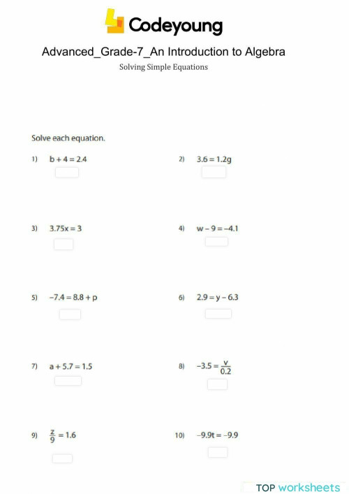 Solving Simple Equations Advanced. Interactive worksheet | TopWorksheets