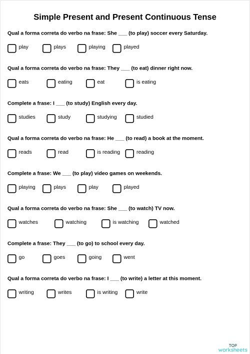 Simple Present and Present Continuous Tense. Ficha interativa | TopWorksheets