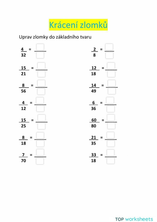 Zlomky - krácení. Interaktivní pracovní list | TopWorksheets