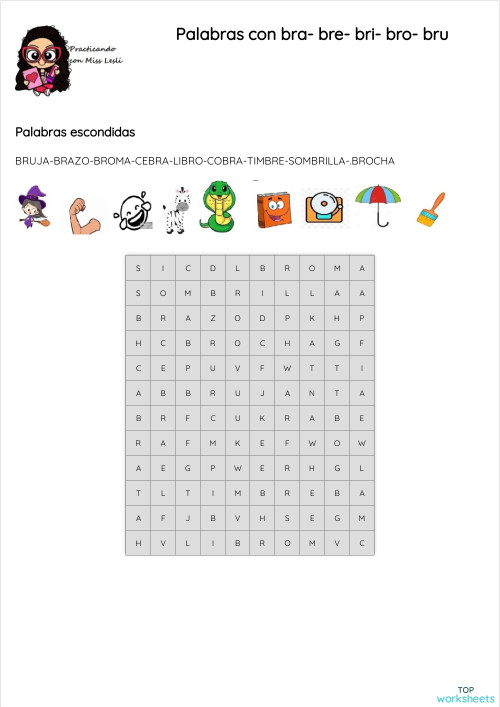 Palabras con bra- bre- bri- bro- bru. Ficha interactiva | TopWorksheets