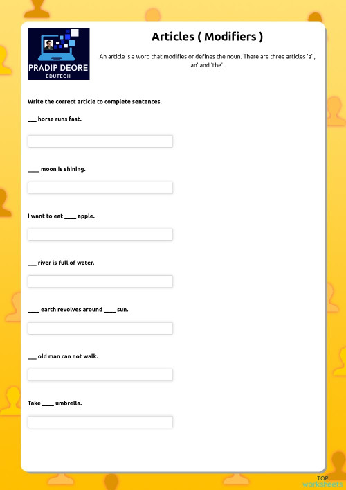 Articles ( Modifiers ). Interactive worksheet | TopWorksheets