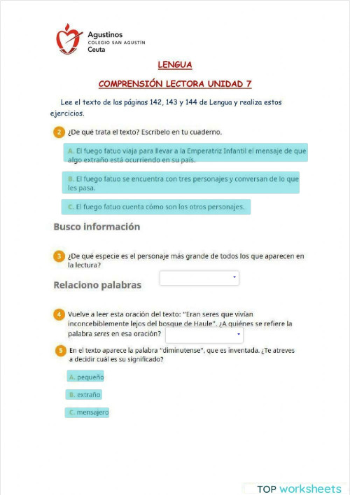 Comprensión Lectora- La Historia Interminable- (Unidad 7). Ficha ...