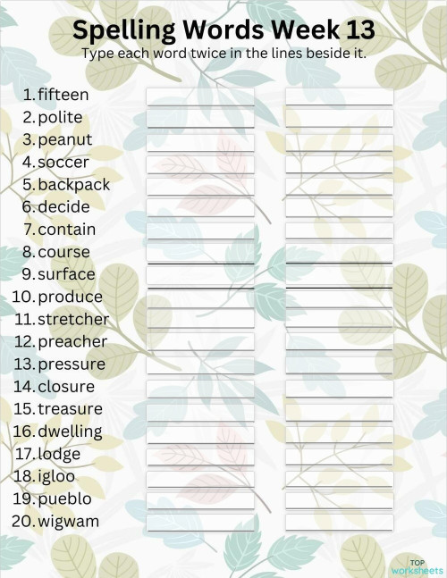 Spelling Words Week 13.1. Interactive worksheet | TopWorksheets