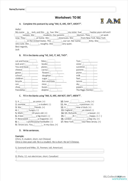 Verb to be - Affirmative Negative and Questions. Interactive worksheet ...