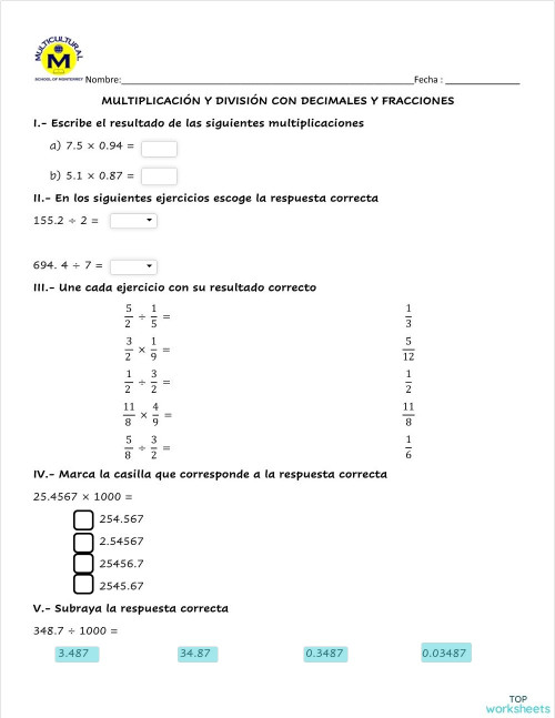 MULTIPLICACIÓN Y DIVISIÓN CON DECIMALES Y FRACCIONES. Ficha interactiva ...
