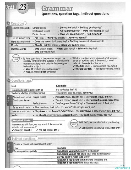 UNIT 23 QUESTIONS QUETSION TAGS INDIRECT QUESTIONS. Interactive ...