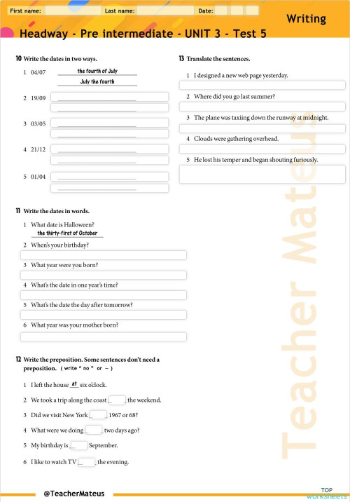 Headway - Pre intermediate - UNIT 3 - Test 5 (Copied). Interactive ...