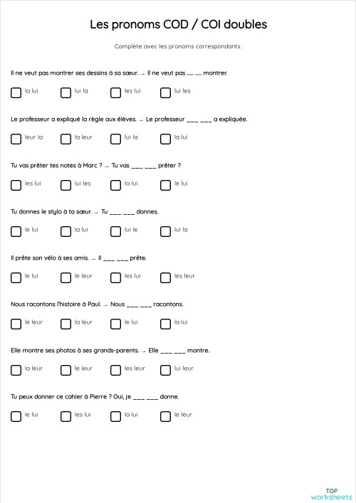 Les pronoms COD / COI doubles. Fiche interactive | TopWorksheets