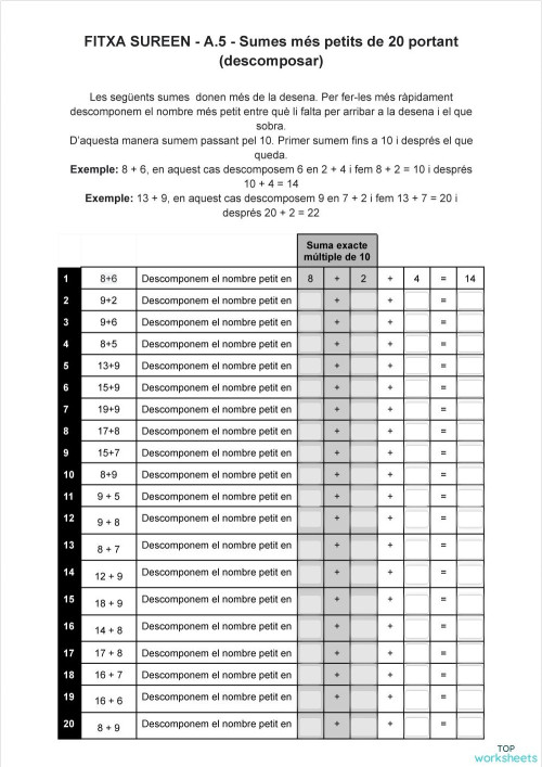 FITXA SUREEN -A.5- SUMES MÉS PETITS DE 20 PORTANT. Fitxa interactiva ...