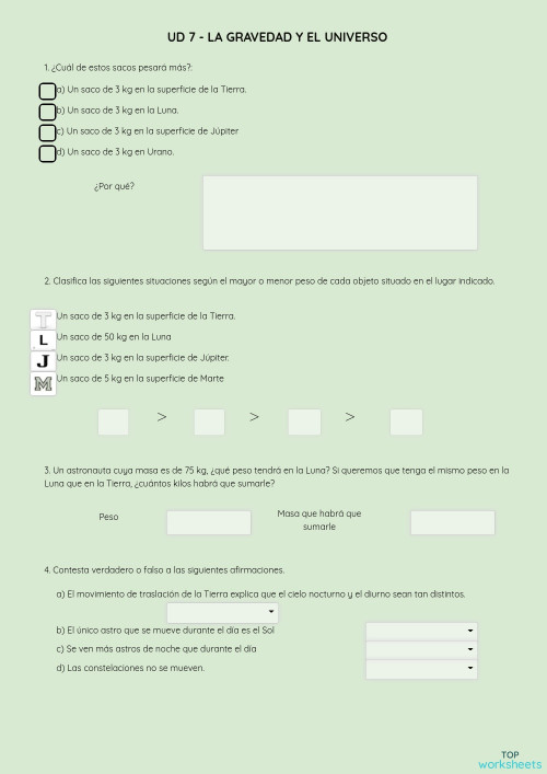 UD 7 - La gravedad y el universo. Ficha interactiva | TopWorksheets
