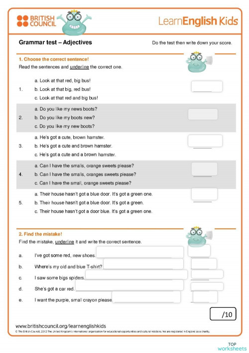 Adjective test. Interactive worksheet | TopWorksheets