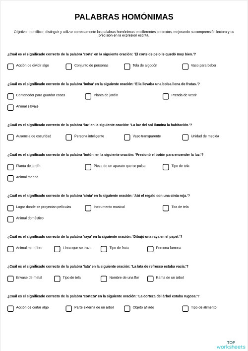 PALABRAS HOMÓNIMAS. Ficha interactiva | TopWorksheets