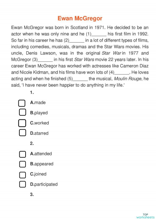 Grade 7 - Reading about Even McGregor. Interactive worksheet ...