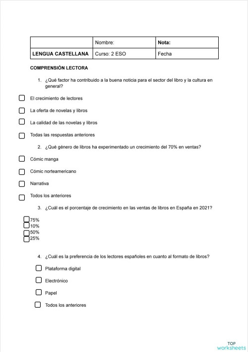 PREGUNTAS SOBRE UN LIBRO. Ficha interactiva | TopWorksheets
