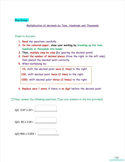 Multiplication of decimals by Tens Hundreds and Thousands Blue group ...