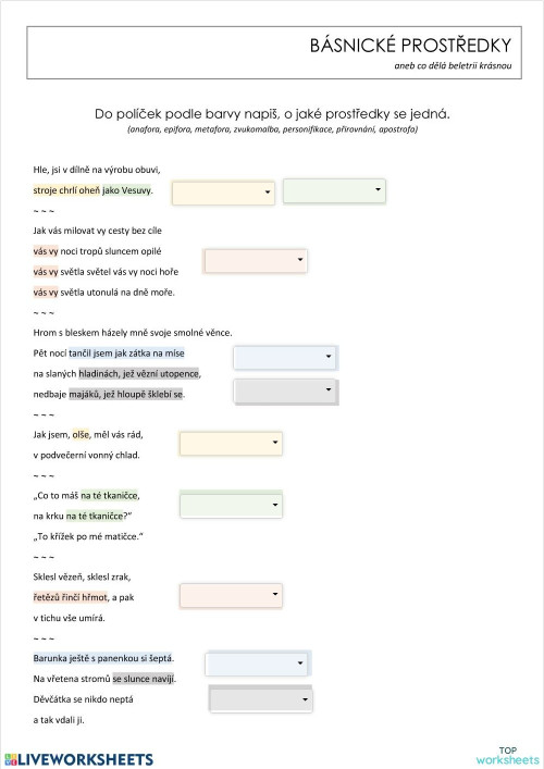 Čeština: interaktivní pracovní listy a online cvičení | TopWorksheets