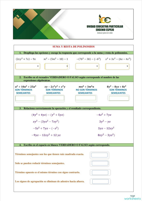 Suma Y Resta De Expresiones Algebraicas Ficha Interactiva Topworksheets