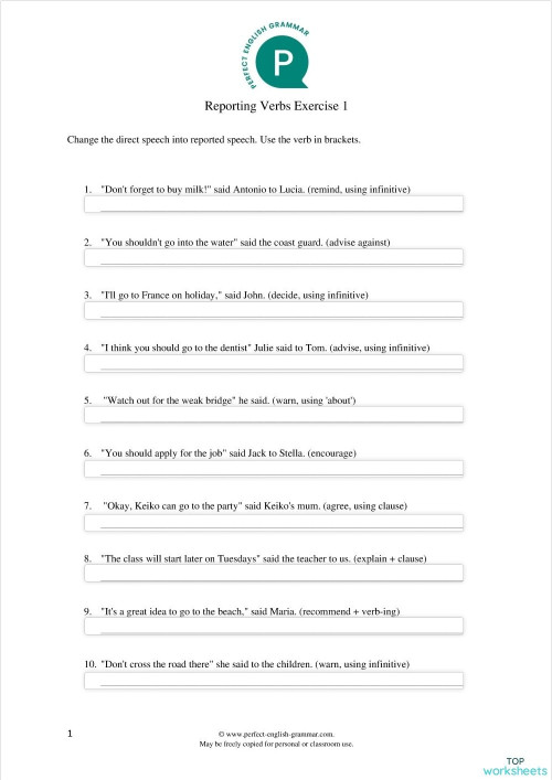 Reporting Verbs - Reported Speech. Interactive worksheet | TopWorksheets