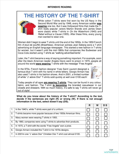 Intensive Reading - The History of The T-shirt. Interactive worksheet ...