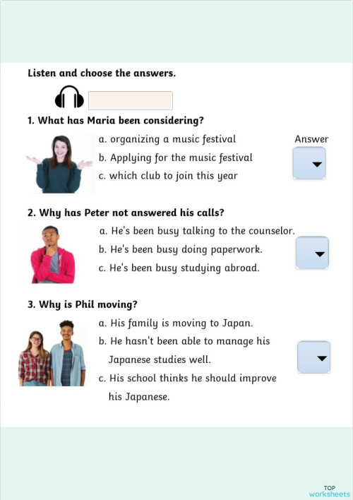 Listening Practice. Interactive worksheet | TopWorksheets