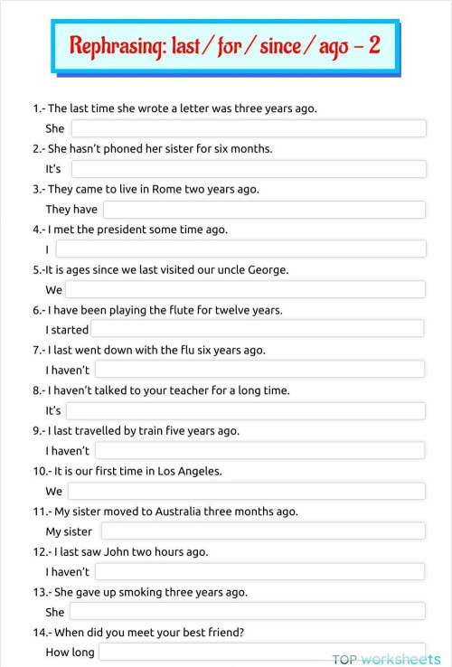 Rephrasing: last, for, since, ago - 2. Interactive worksheet ...