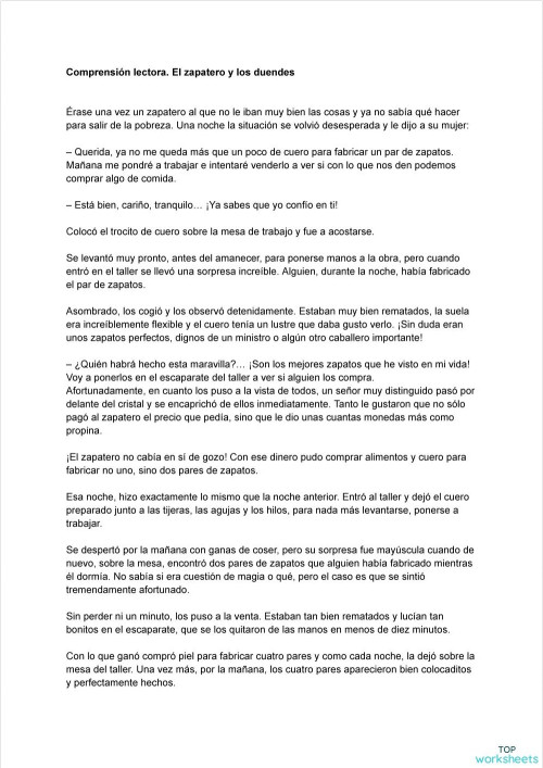 Comprensión lectora. El zapatero y los duendes.. Ficha interactiva ...