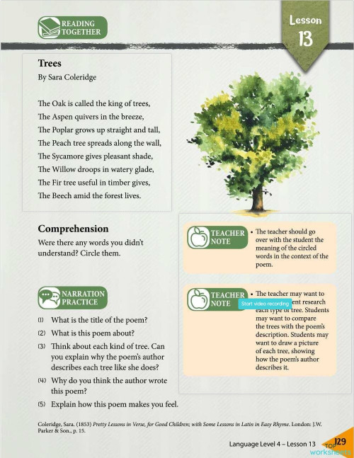 Lesson 13: Reading Together Pg 129. Interactive worksheet | TopWorksheets