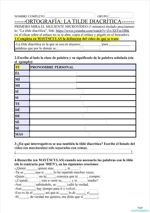 LA TILDE DIACRÍTICA. Ficha interactiva | TopWorksheets