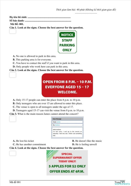 TEST 01 - SIGNS. Interactive worksheet | TopWorksheets