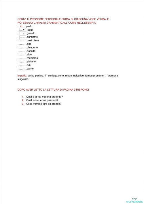 PRONOMI PERSONALI E ANALISI GRAMMATICALE. Interactive worksheet ...