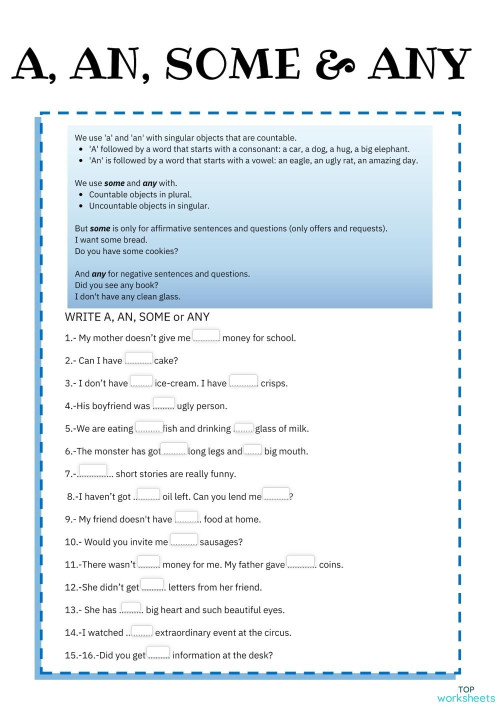 A, and, some & any. Interactive worksheet | TopWorksheets