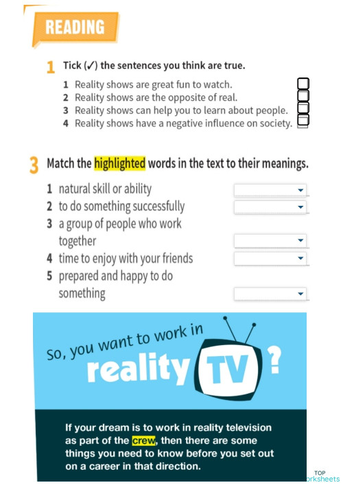UNIT 14 READING PAG 57. Interactive worksheet | TopWorksheets