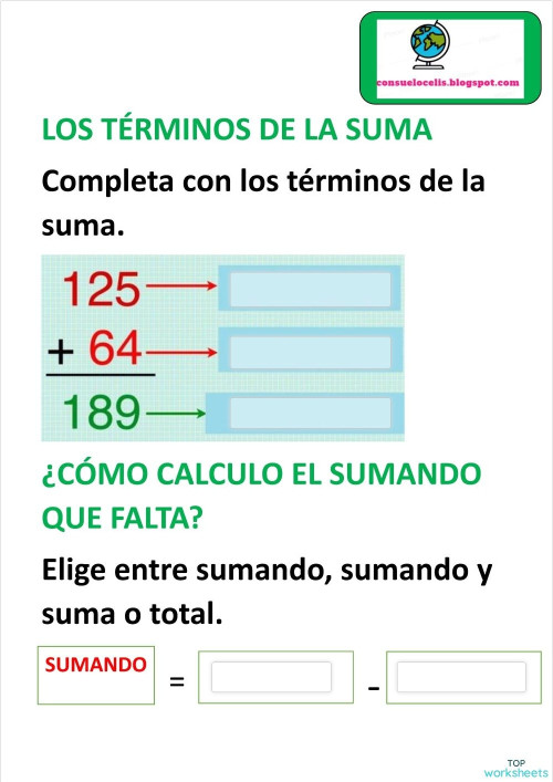 TÉRMINOS Y PRUEBA DE SUMA Y RESTA. Ficha interactiva | TopWorksheets