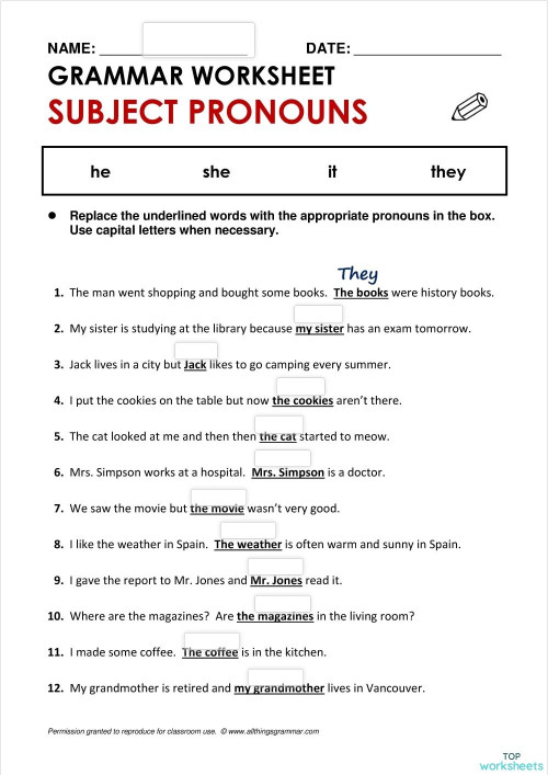 Subject, Object and Possessive Pronouns ใบงานเชิงโต้ตอบ | TopWorksheets