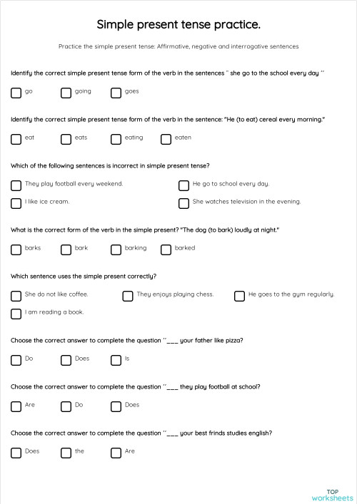 Simple present tense practice.. Interactive worksheet | TopWorksheets
