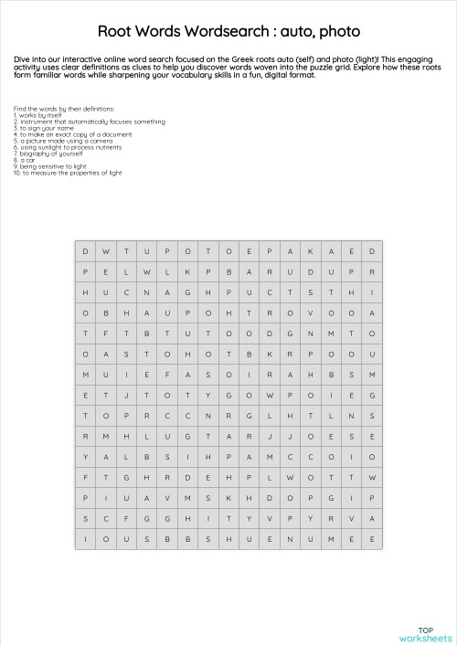Root Words Wordsearch : auto, photo. Interactive worksheet | TopWorksheets