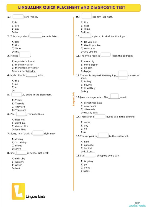 English Diagnostic Test. Interactive worksheet | TopWorksheets
