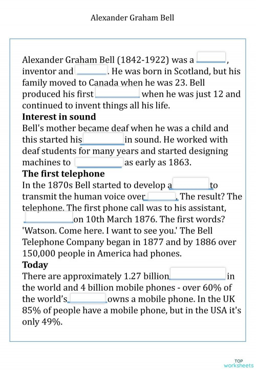 Alexander Graham bell. Interactive worksheet | TopWorksheets