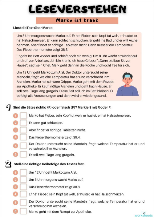 Leseverstehen - Ich bin krank. Interaktives Arbeitsblatt | TopWorksheets