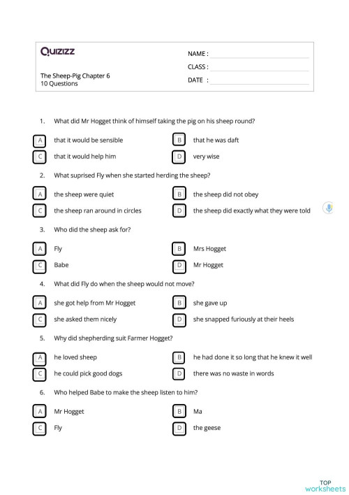 The Sheep Pig Chapter 6. Interactive worksheet | TopWorksheets