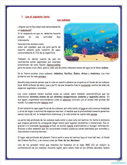 Comprensión de lectura "Los Océanos". Ficha interactiva | TopWorksheets