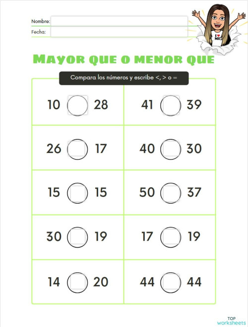 Tarea: menor, mayor o igual. Maestra Magaly. Ficha interactiva | TopWorksheets