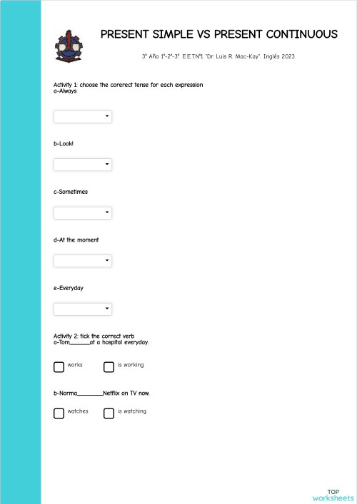 PRESENT SIMPLE VS PRESENT CONTINUOUS. Ficha interactiva | TopWorksheets