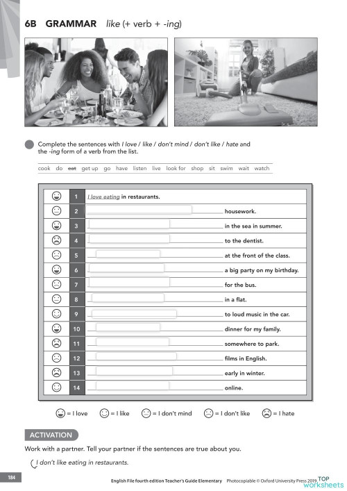 6B Like + -ing. Interactive worksheet | TopWorksheets