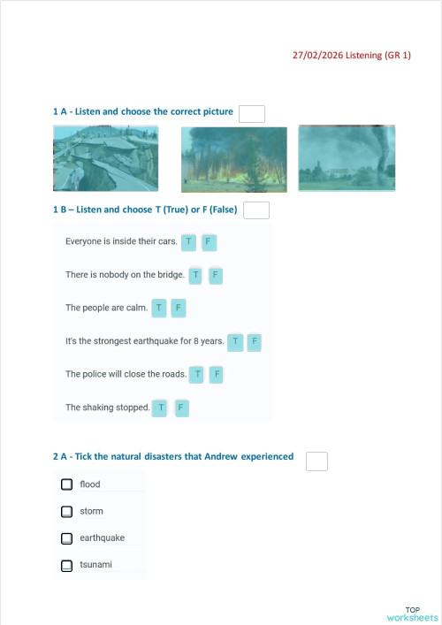 Listening (GR1) 27/02/2026. Interactive worksheet | TopWorksheets