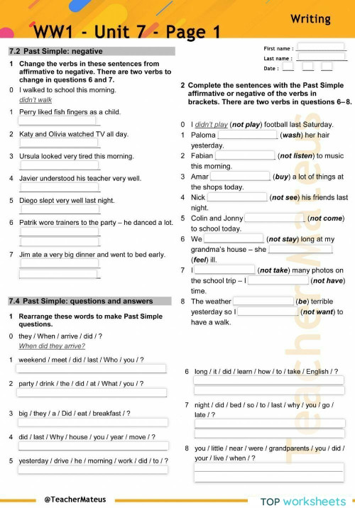 WW1 - Unit 7 - Page 1. Interactive worksheet | TopWorksheets